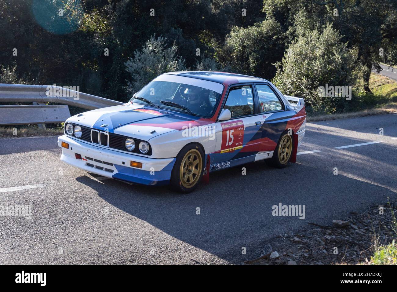 BMW M3 taking part in the timed section of the Rally Costa Brava 2021 in Girona, Spain Stock ...