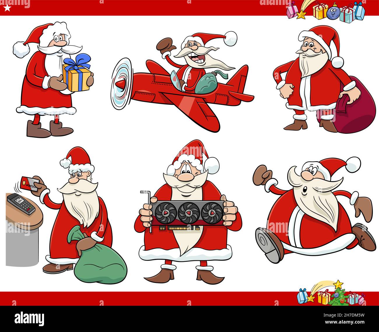 Cartoon illustration of funny Santa Claus characters set on Christmas ...