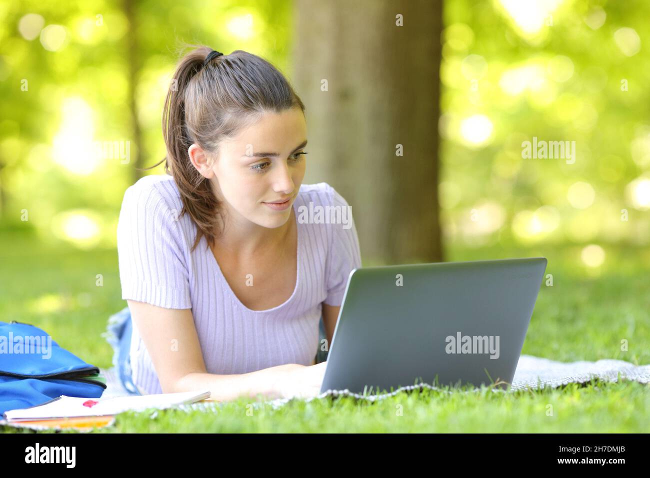 Student e-learning checking laptop lying in a green park Stock Photo ...