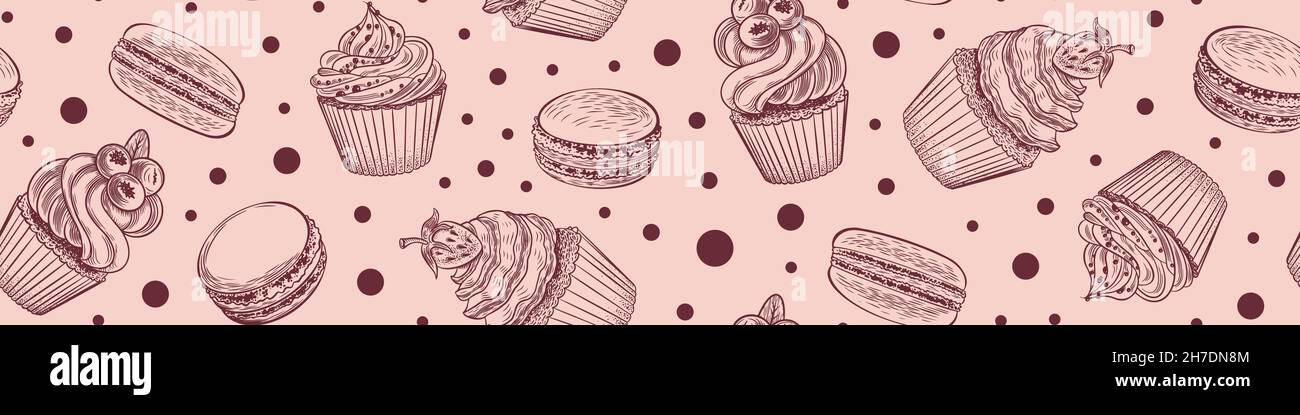 Seamless pattern with sketchy desserts. Doodle cakes and macaroons ...