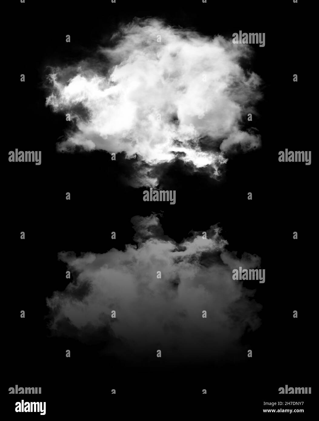 Single white cloud and its reflection isolated over black background ...