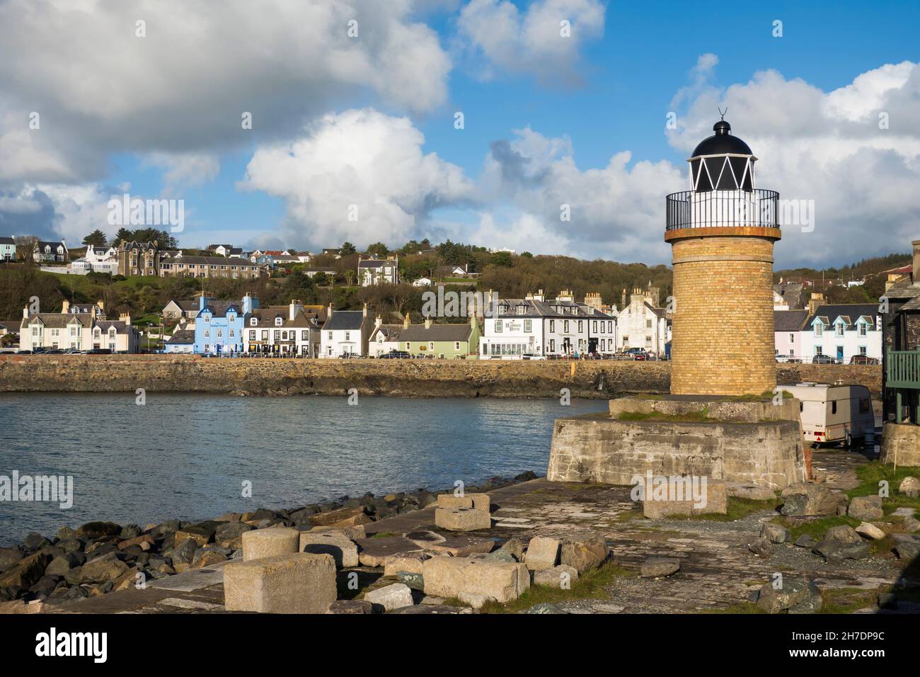 View of old lighthouse and fishing harbour, Portpatrick, Dumfries and ...