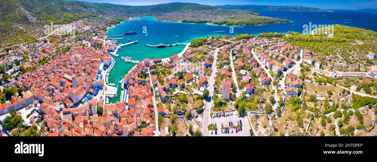 Town of Cres aerial panoramic view, Island of Cres, Kvarner archipelago ...