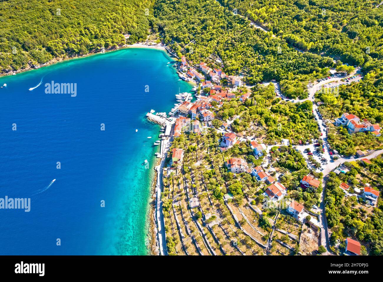 Town of Valun sailing bay on Cres island aeial view, Kvarner region of ...