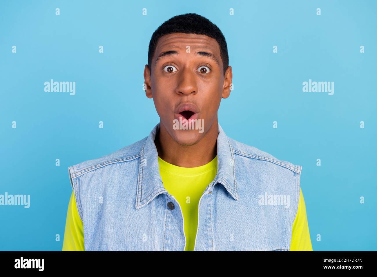 Photo of young afro man surprised omg wow reaction information staring ...