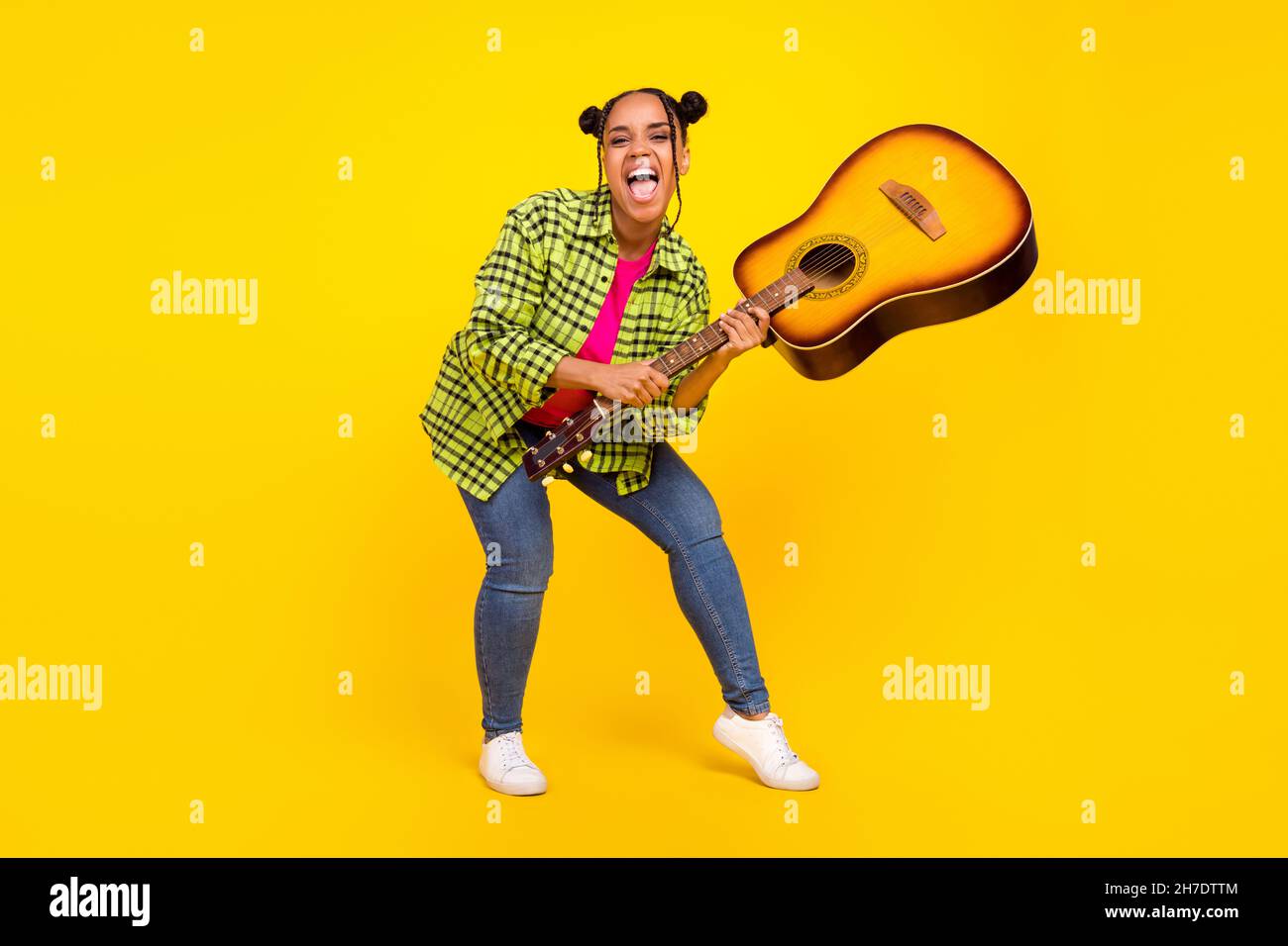 Full body photo of crazy happy afro american woman play guitar funky ...