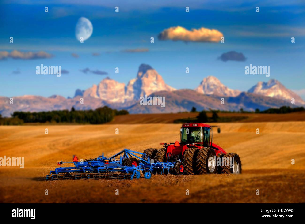 Tractor Equipment Farming Ground Harvesting crops in fall Autumn with ...