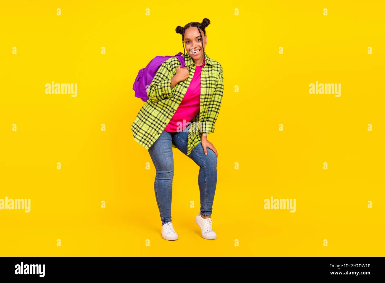 Full length photo of happy positive afro american woman wear backpack ...