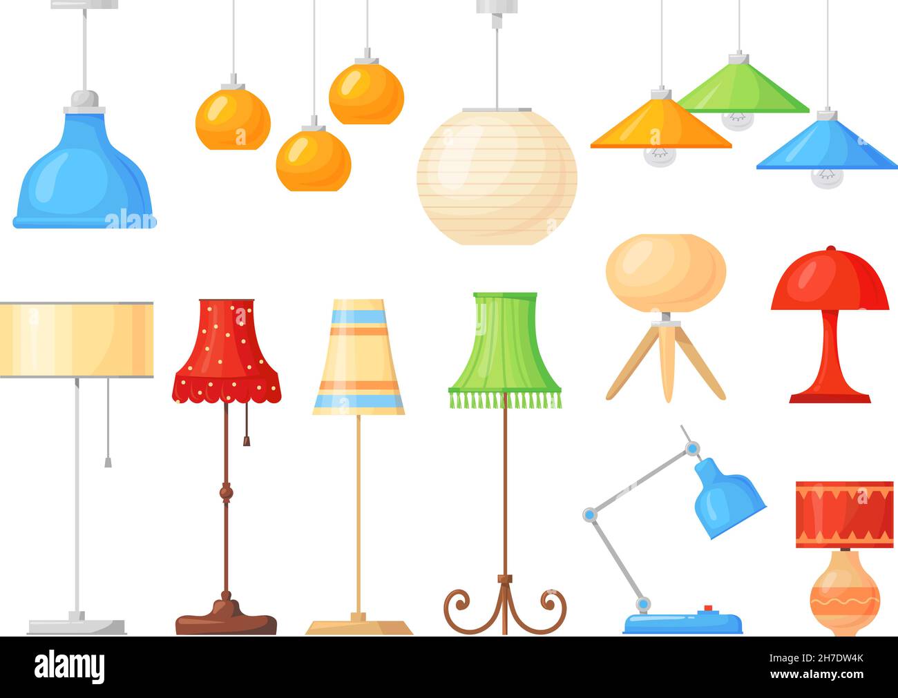 Cartoon lamps. Home interior floor and table torcheres with different ...