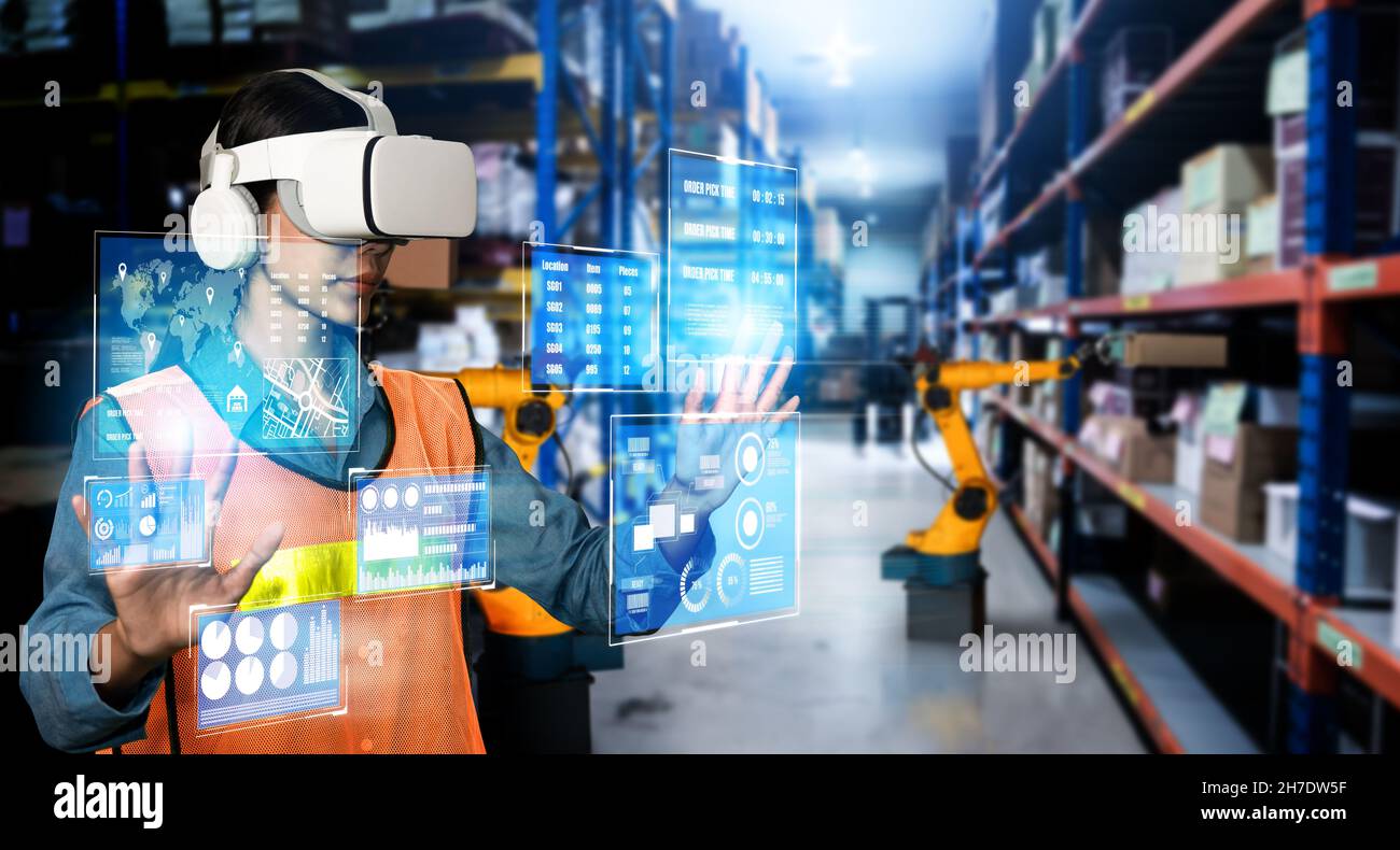 Future virtual reality technology for innovative VR warehouse management . Concept of smart ...