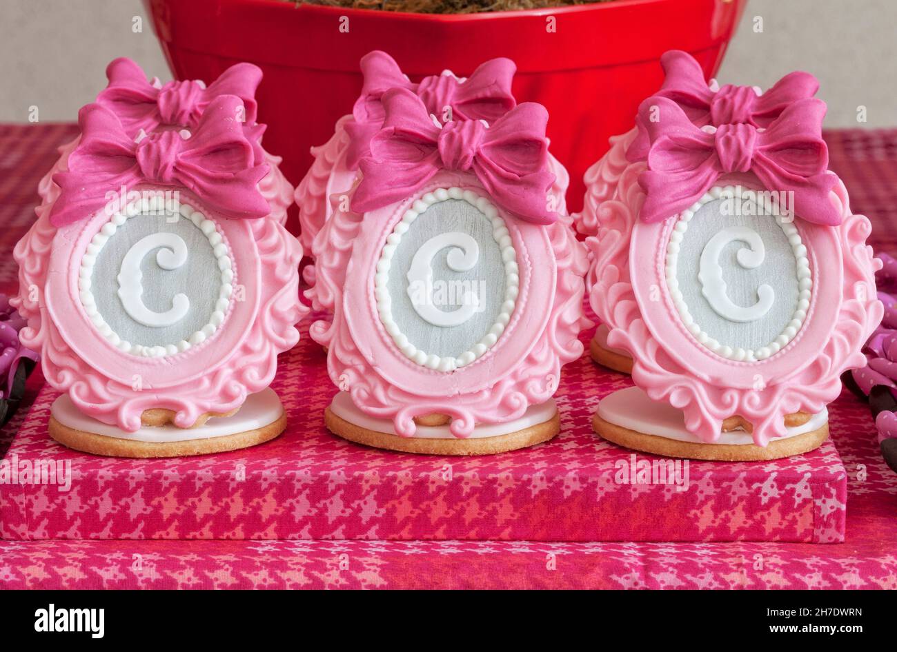 Elaborate sugar decorations with letters on shortbread biscuits Stock ...