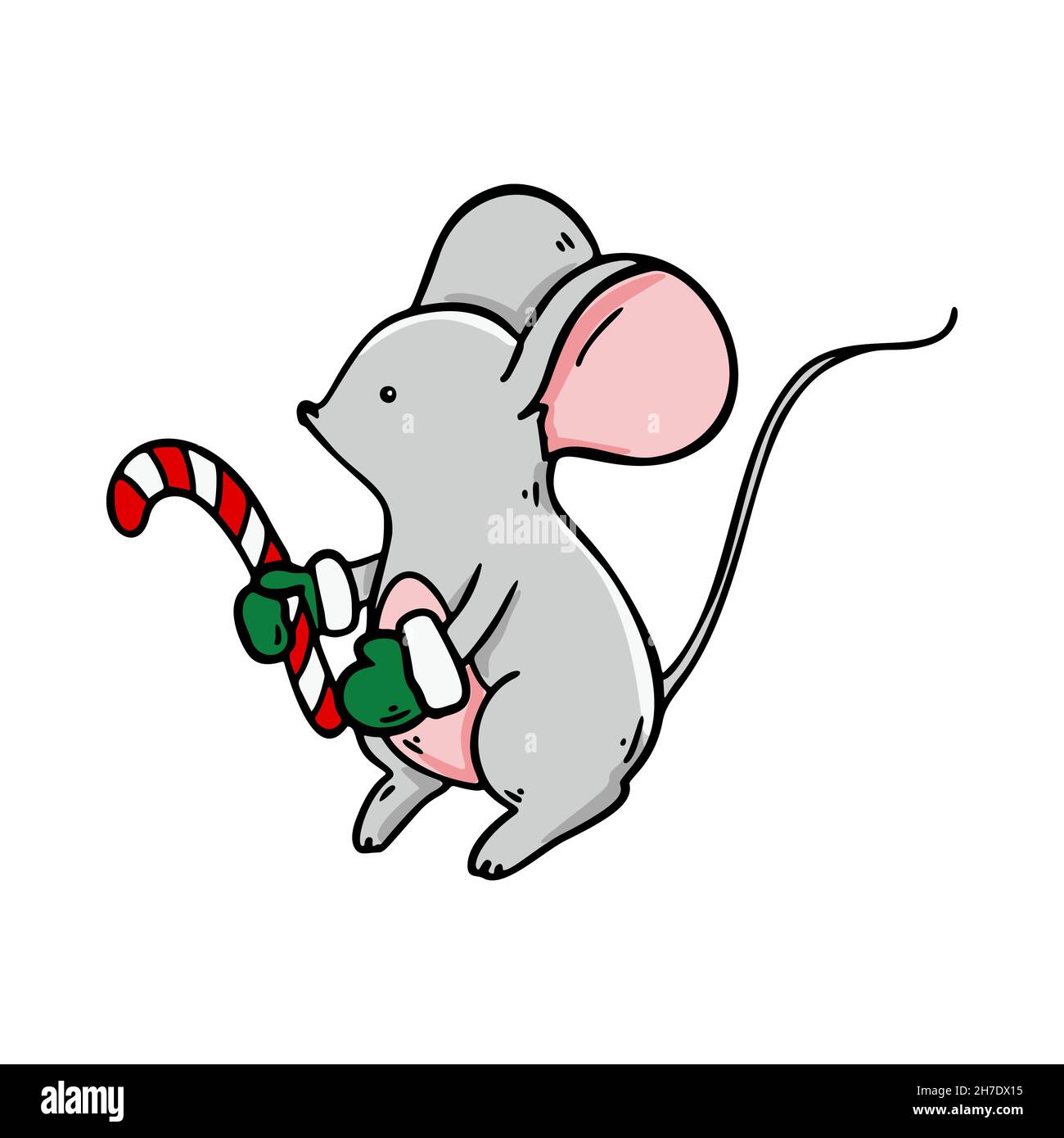 Hand drawn mouse in mittens with a twisted candy. Vector illustration ...