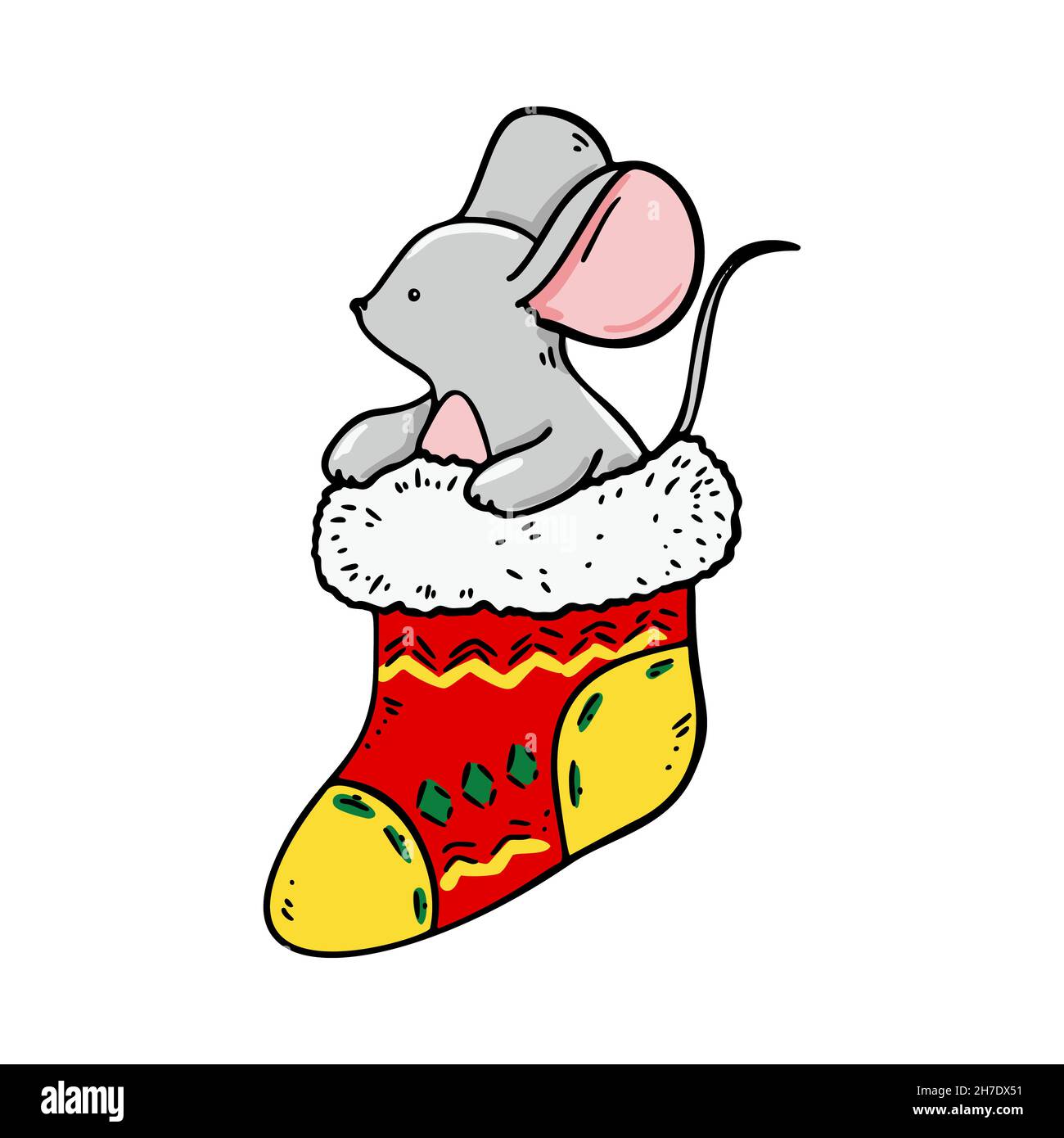 Hand drawn mouse in Christmas sock. Vector illustration Stock Vector ...