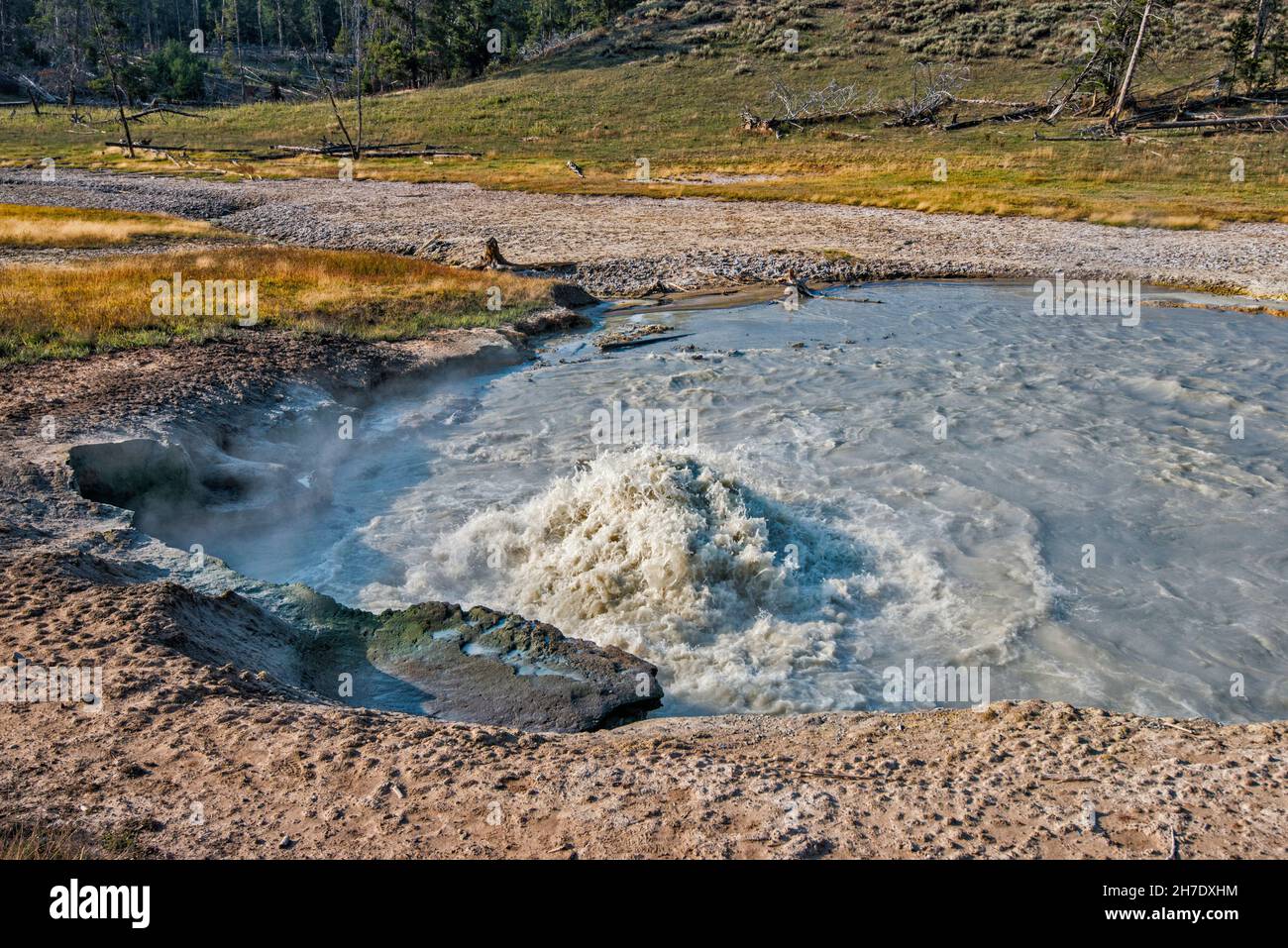 Hot water roiling at Churning Caldron, hot spring in Mud Volcano ...
