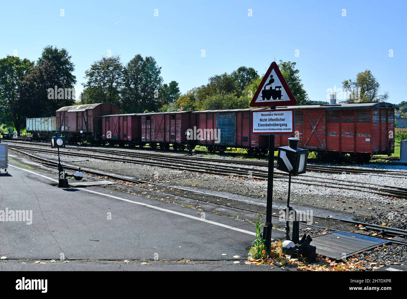Austria, blackboard and sign for be careful, unapproved level crossing ...