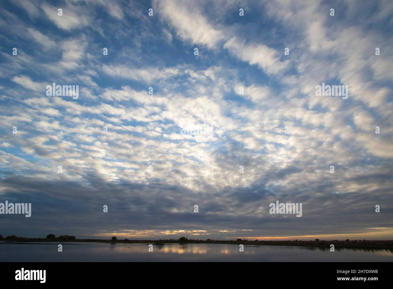 A unique cloud pattern at sunrise over a managed wetland on the Merced ...