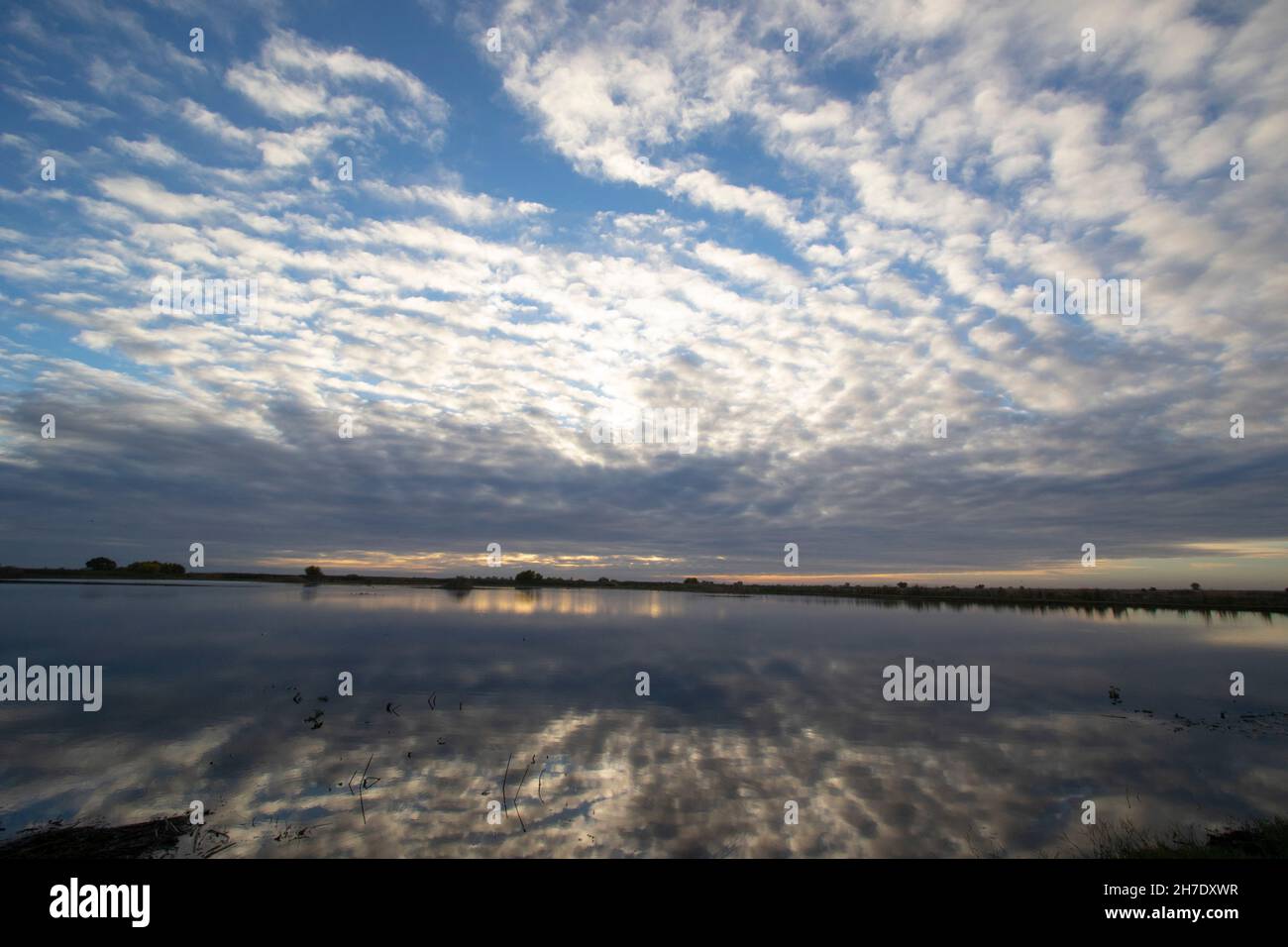 Cloud patterns at sunrise are reflected on a calm wetland at the Merced ...