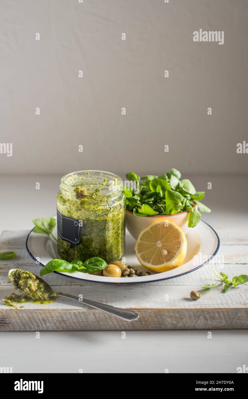 Salsa verde made with watercress, basil olives, capers, lemon, olive ...
