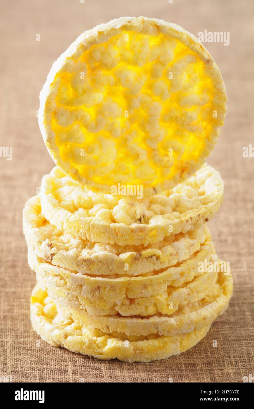 A stack of corn crackers, one standing on its edge Stock Photo - Alamy