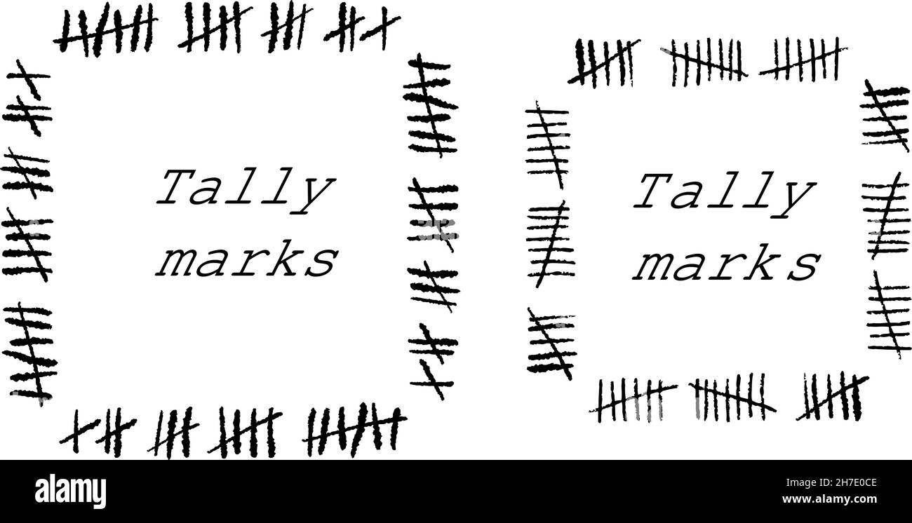 Tally mark frame on a white background or prison wall hash line, strike ...