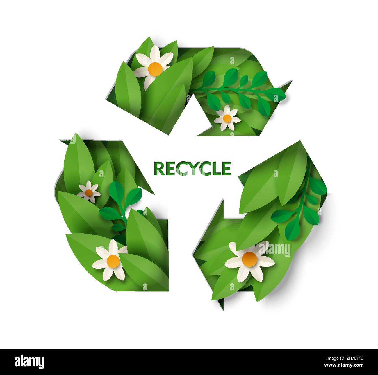 Recycle sign with leaves and flowers, vector paper cut illustration ...