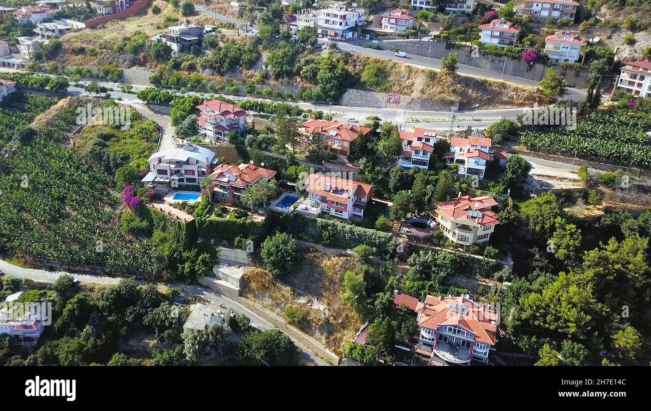 Top view of resort town with cottages on mountain. Clip. Beautiful ...