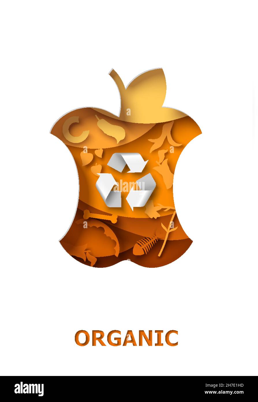 Vector paper cut bitten apple with organic food waste and recycle symbol. Composting, reuse of ...