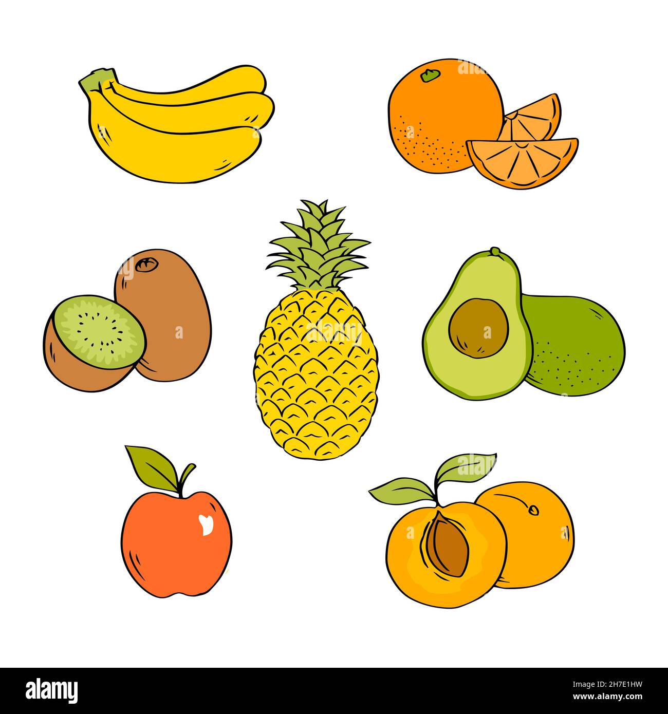 Set of fruits on a white background. Bananas, kiwi, avocado, orange ...