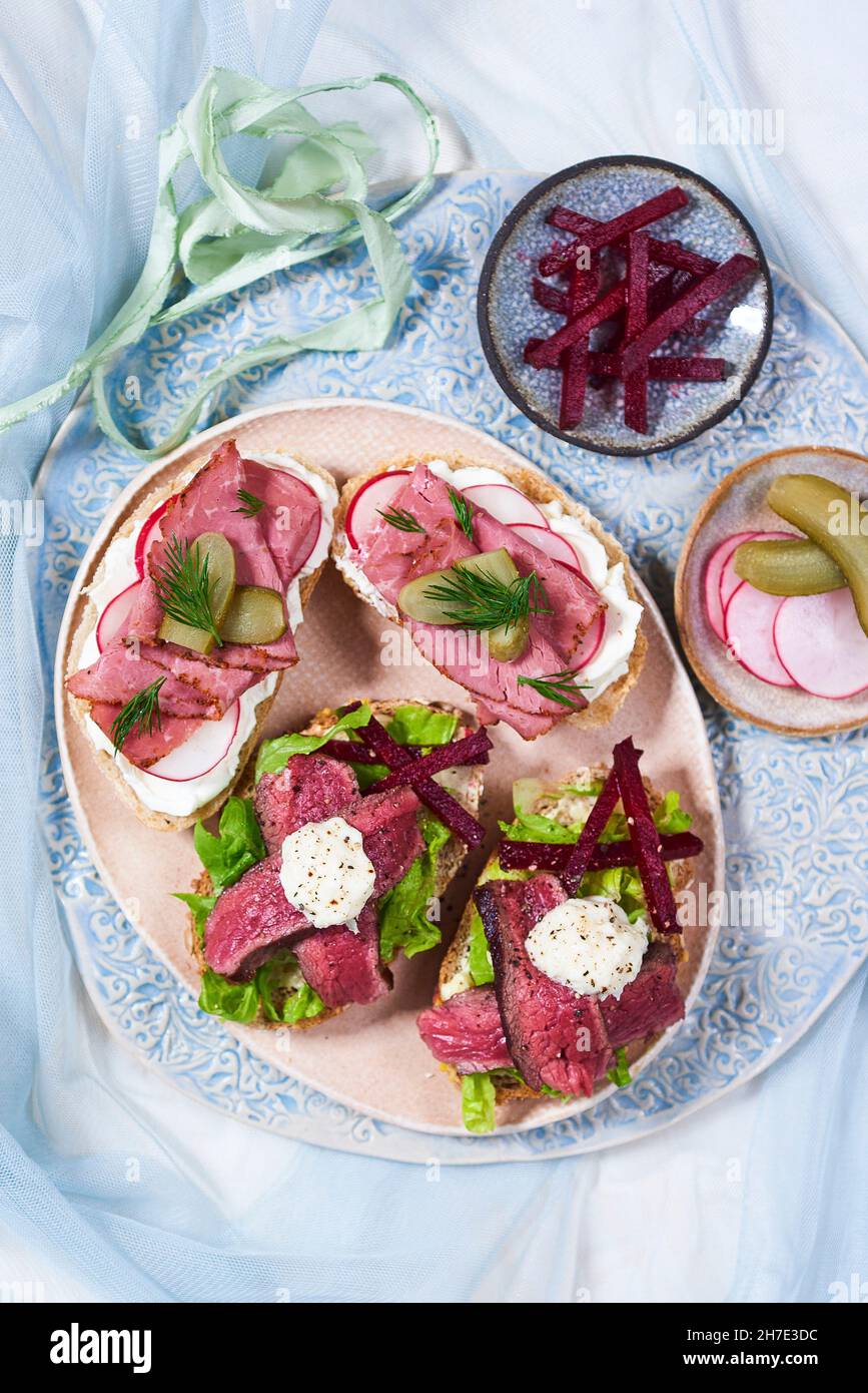 Toast with beef and cream cheese Stock Photo - Alamy