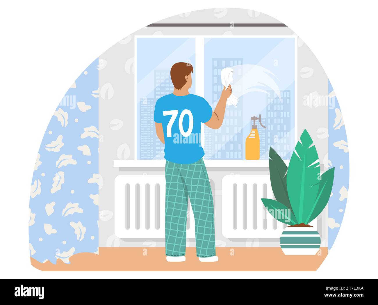 Man washing window in living room, vector illustration. Housework ...