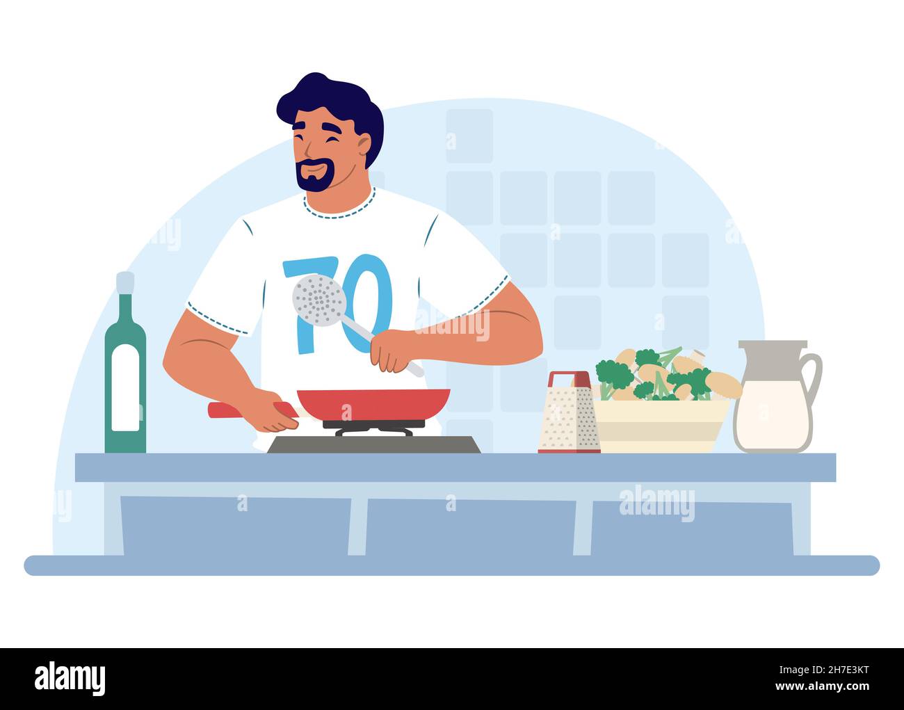 Man cooking food, preparing dinner in kitchen, vector illustration ...
