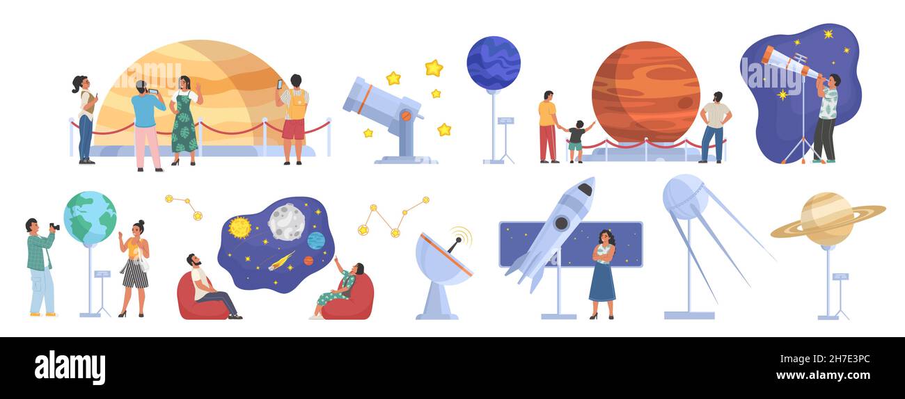 Planetarium, space museum scenes. People looking at sky, planets, stars ...