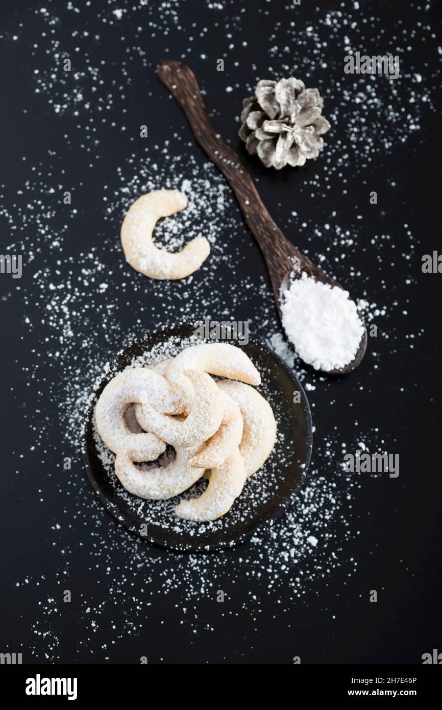 Vanilla crescent biscuits on a plate (seen from above Stock Photo - Alamy