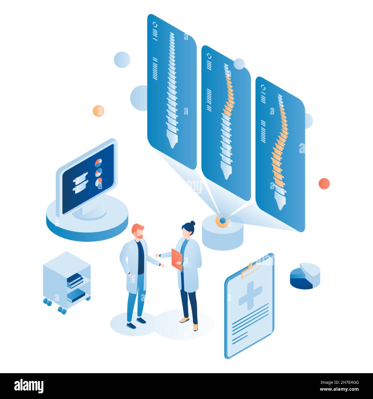 Doctor osteopath studying back pain, examining spine bones, vector ...