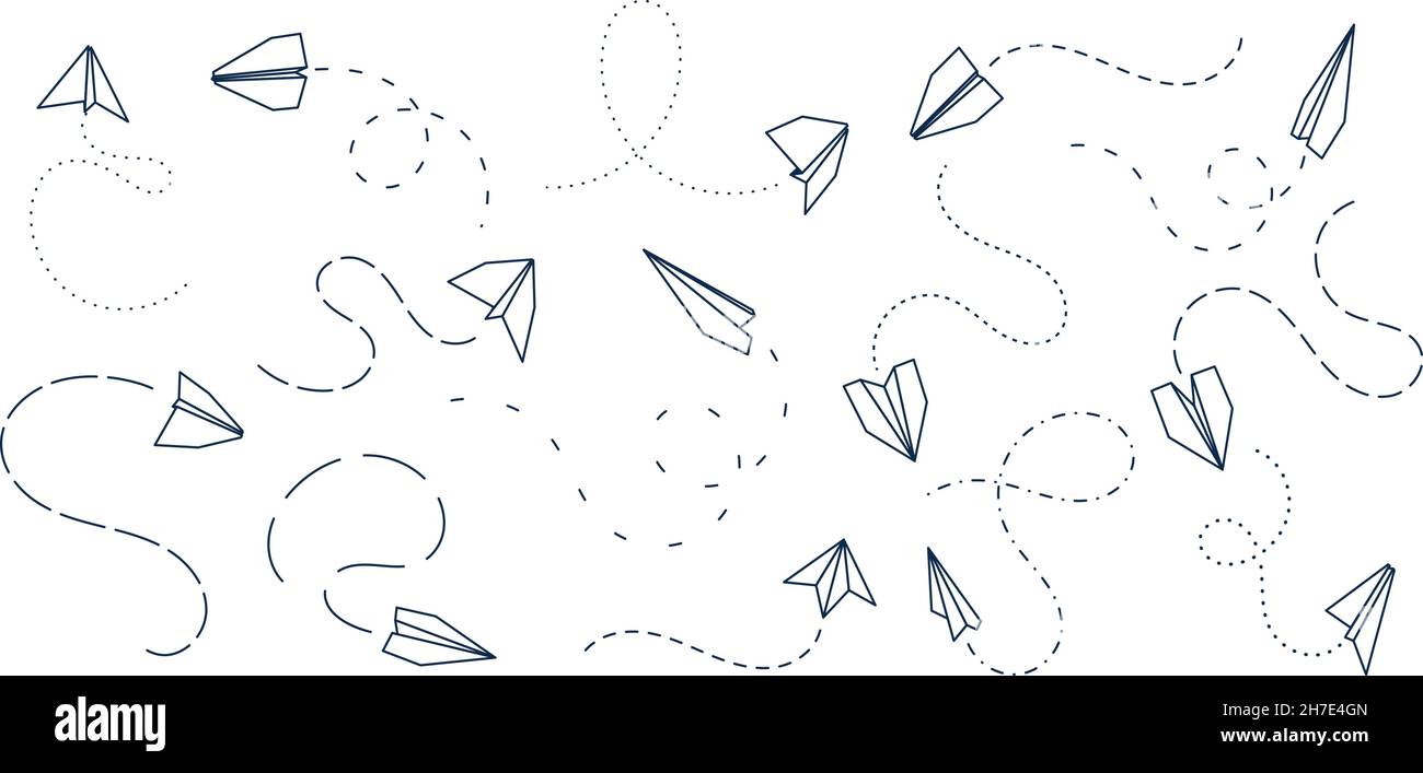 Paper airplane. Fly plane, flight dotted routes and line aircraft toy ...