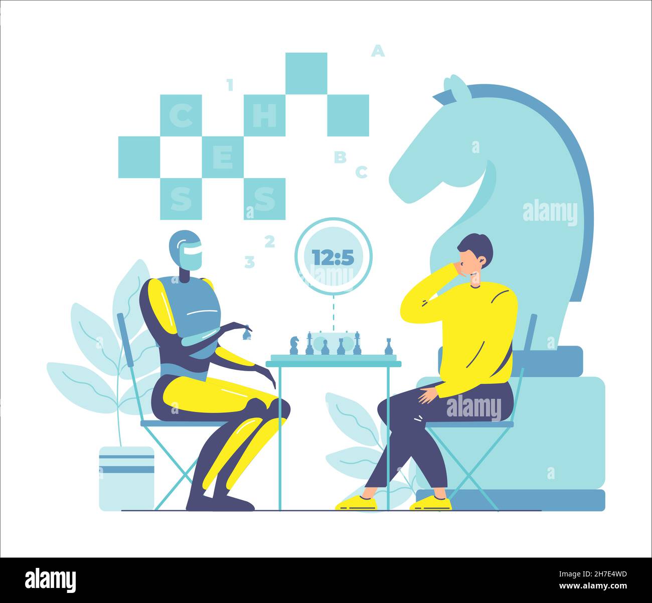 Robot machine and man playing chess, strategy board game, flat vector ...