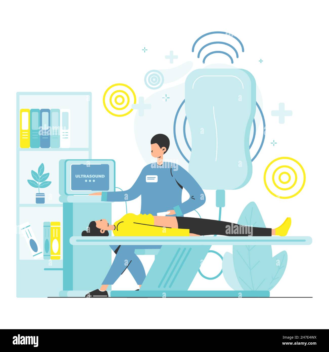 Doctor Doing Abdominal Ultrasound Diagnostics To Female Patient Lying