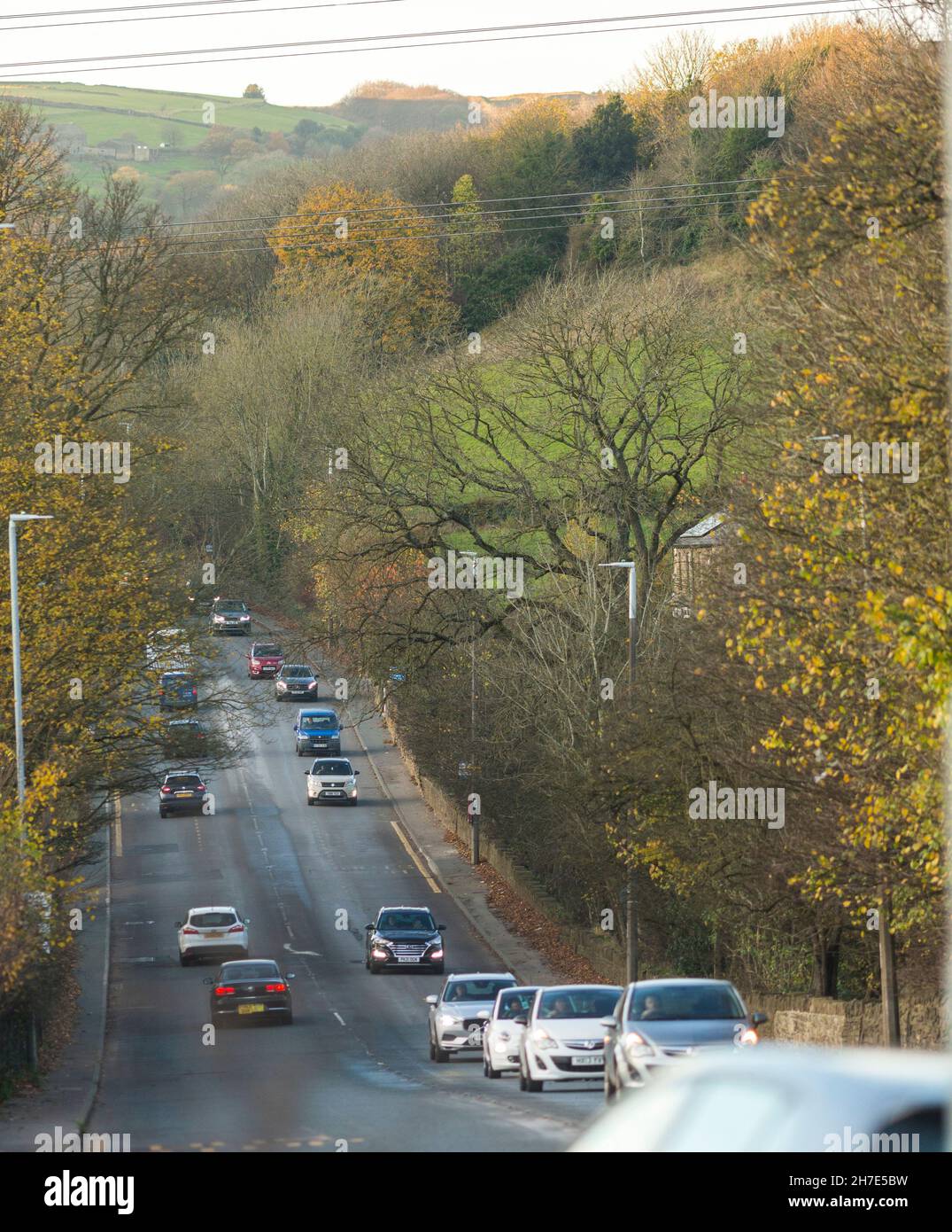 Traffic on the A58 Leeds road between Stump Cross and Hipperholme near ...