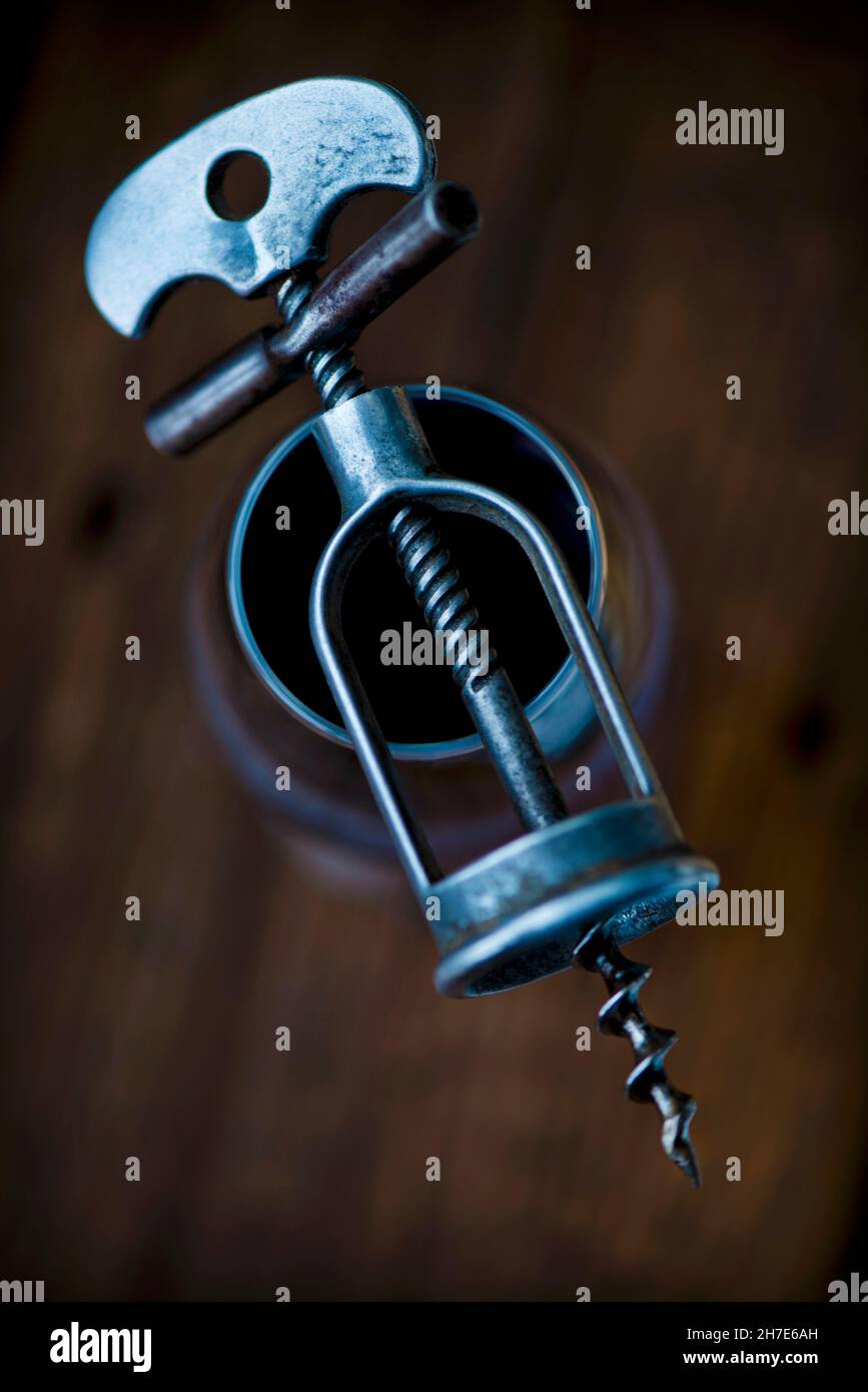Top view red wine glass vintage corkscrew hi-res stock photography and ...