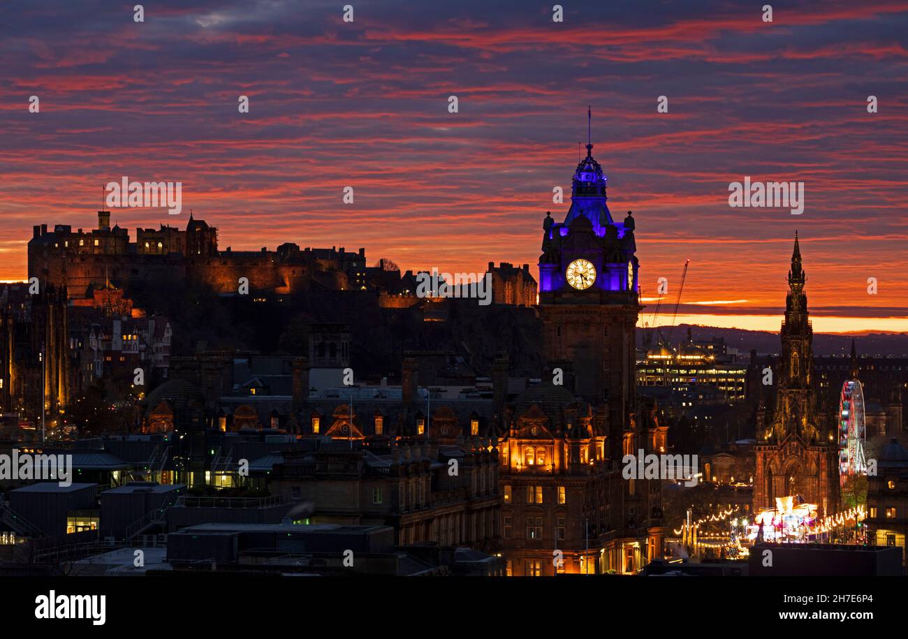 Sunset, Edinburgh city skyline viewed from Calton Hill, Scotland, UK ...