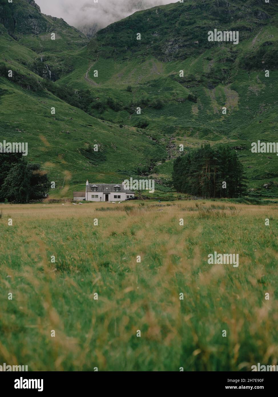 A lone typical white croft in the remote Highland landscape of Glencoe ...