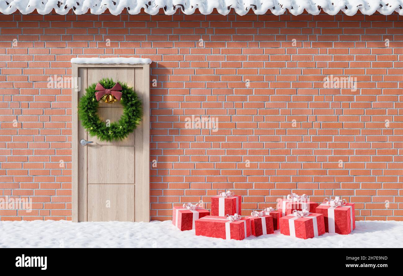 empty facade of a house with a decorated door and christmas presents on ...