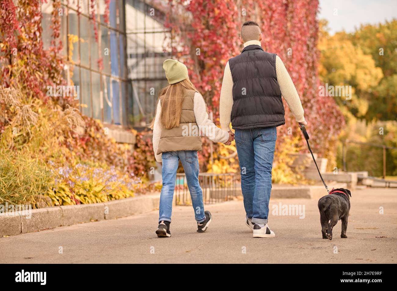 A family going for a walk with a dog Stock Photo - Alamy