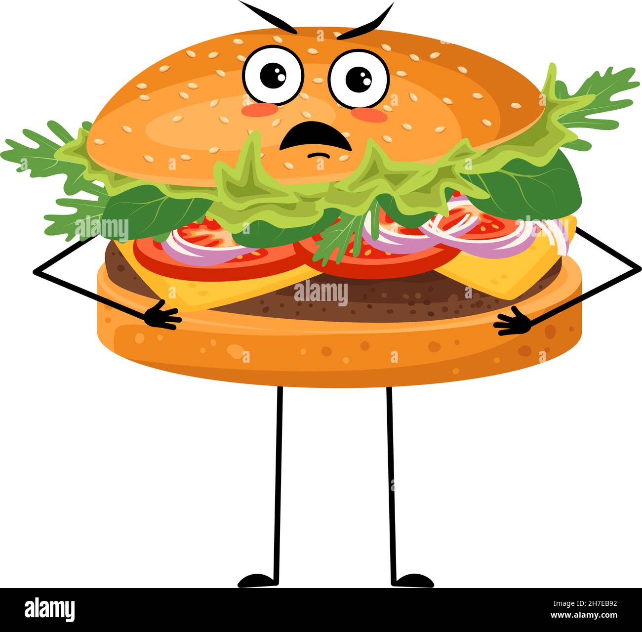 Cute character hamburger with angry emotions, grumpy face, furious eyes ...