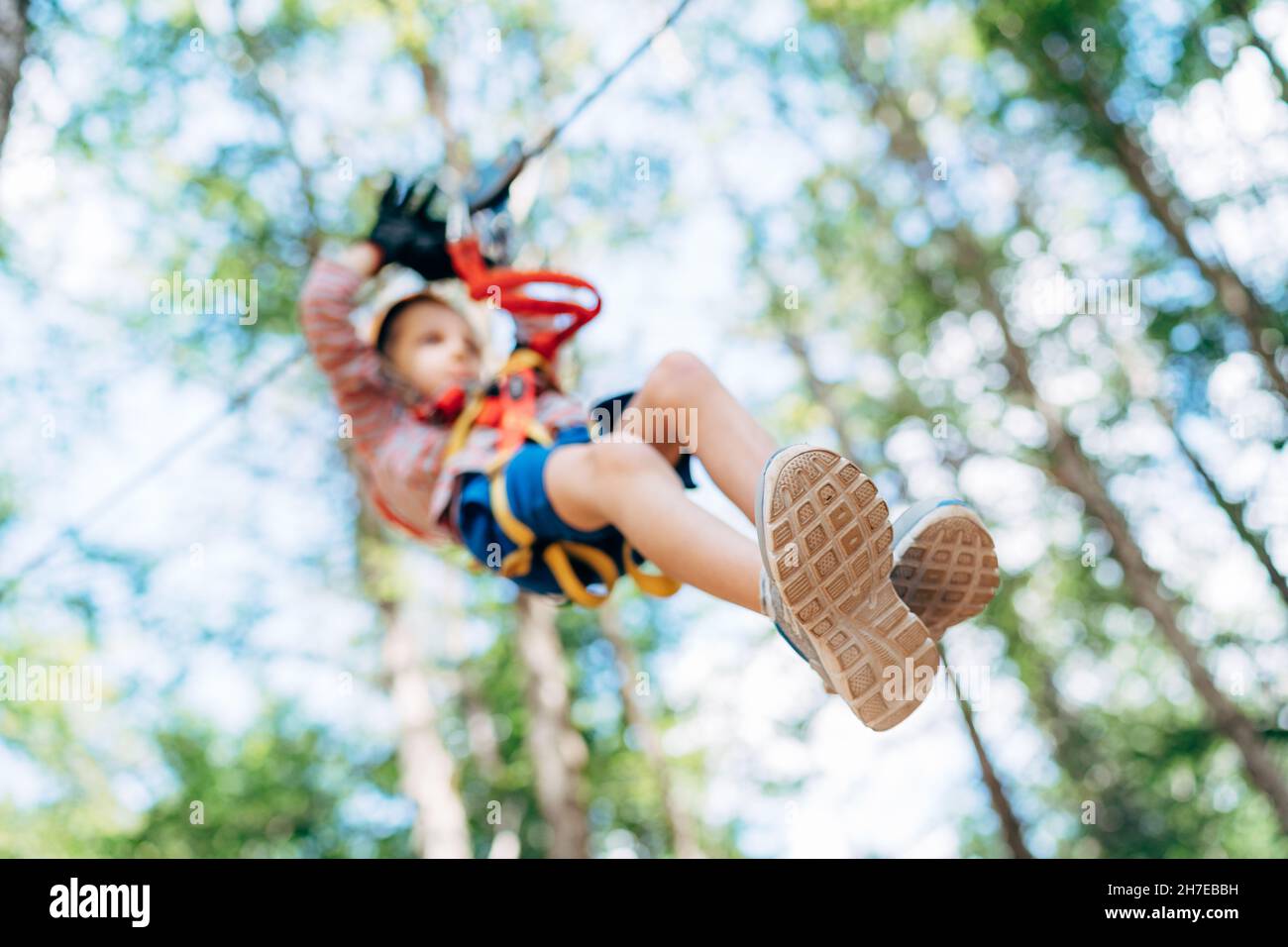Boy descends the zip line while sitting on the safety belt Stock Photo ...
