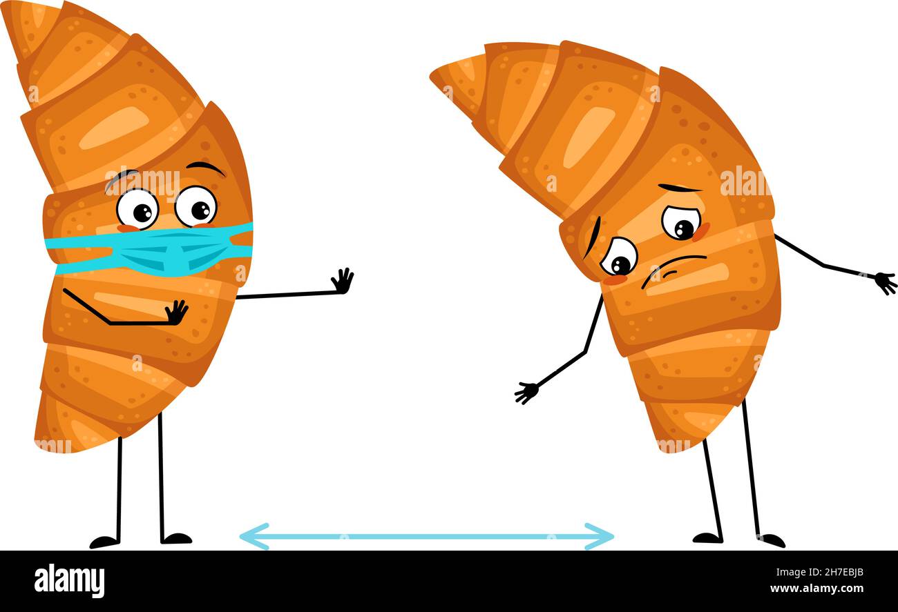 Cute croissant character with sad emotions, face and mask keep distance ...