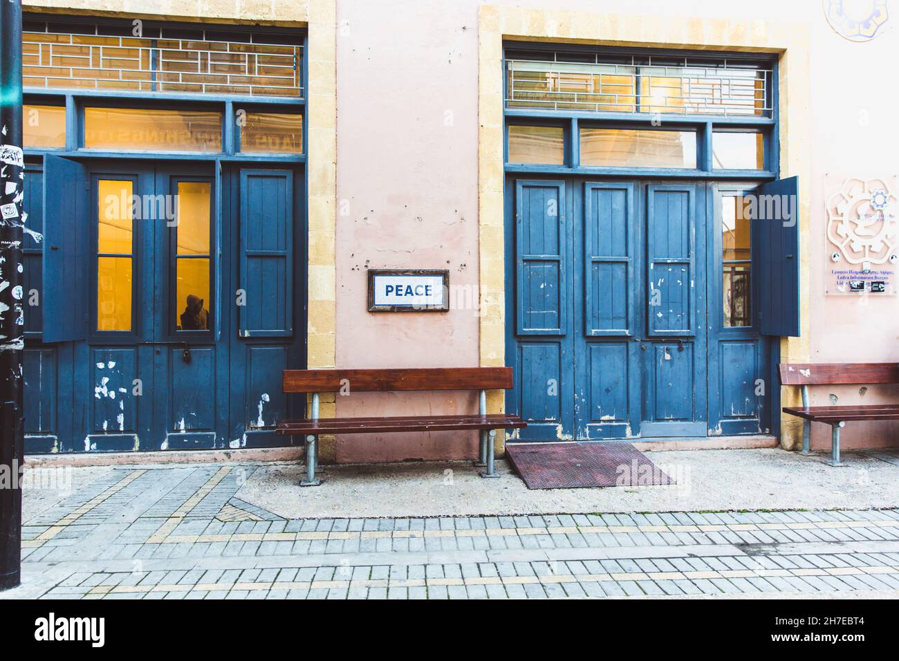 Peace Bench at Inner Cyprus Border In Nicosia with label Stock Photo ...