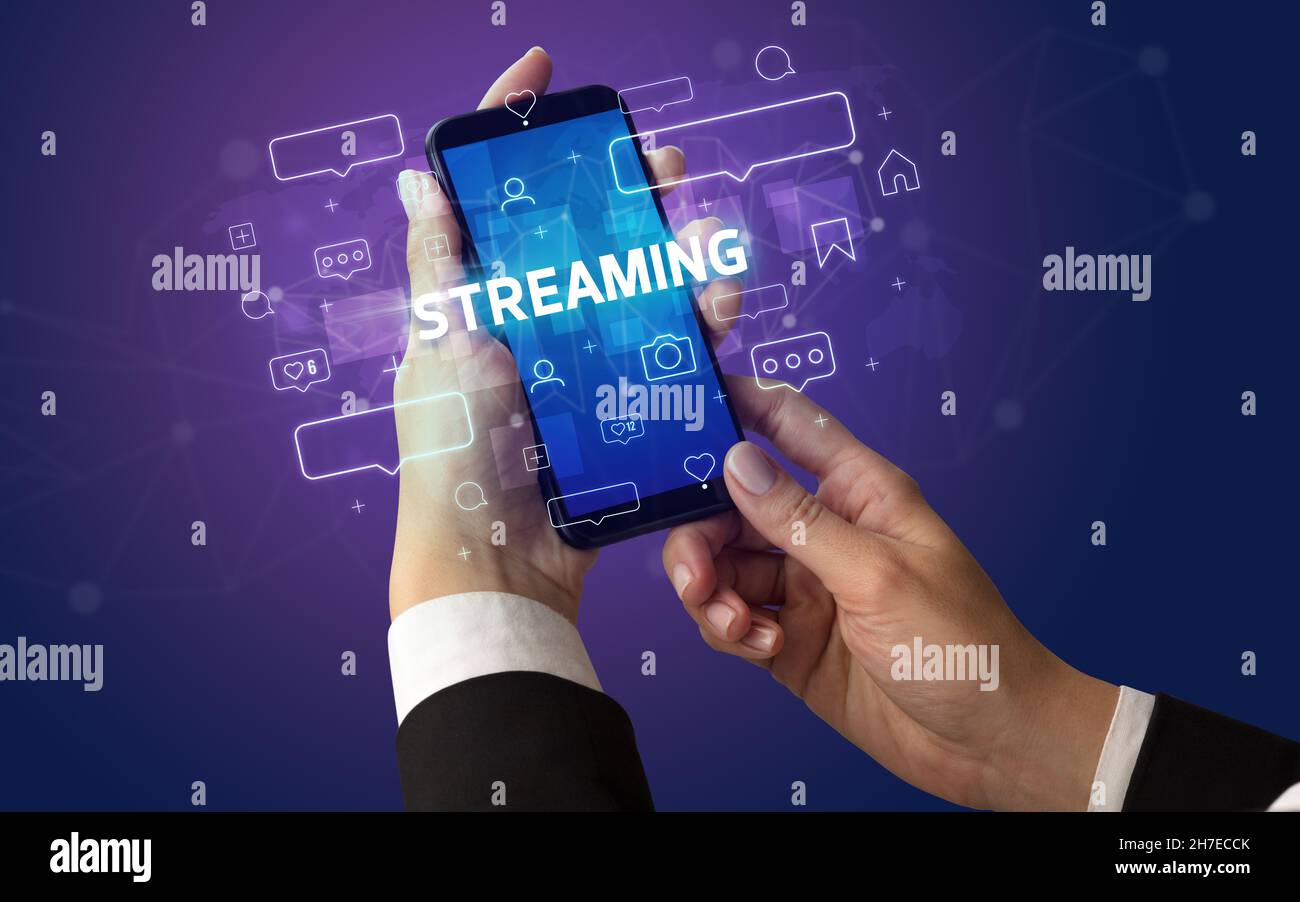 Hand using smartphone with social media concept Stock Photo - Alamy