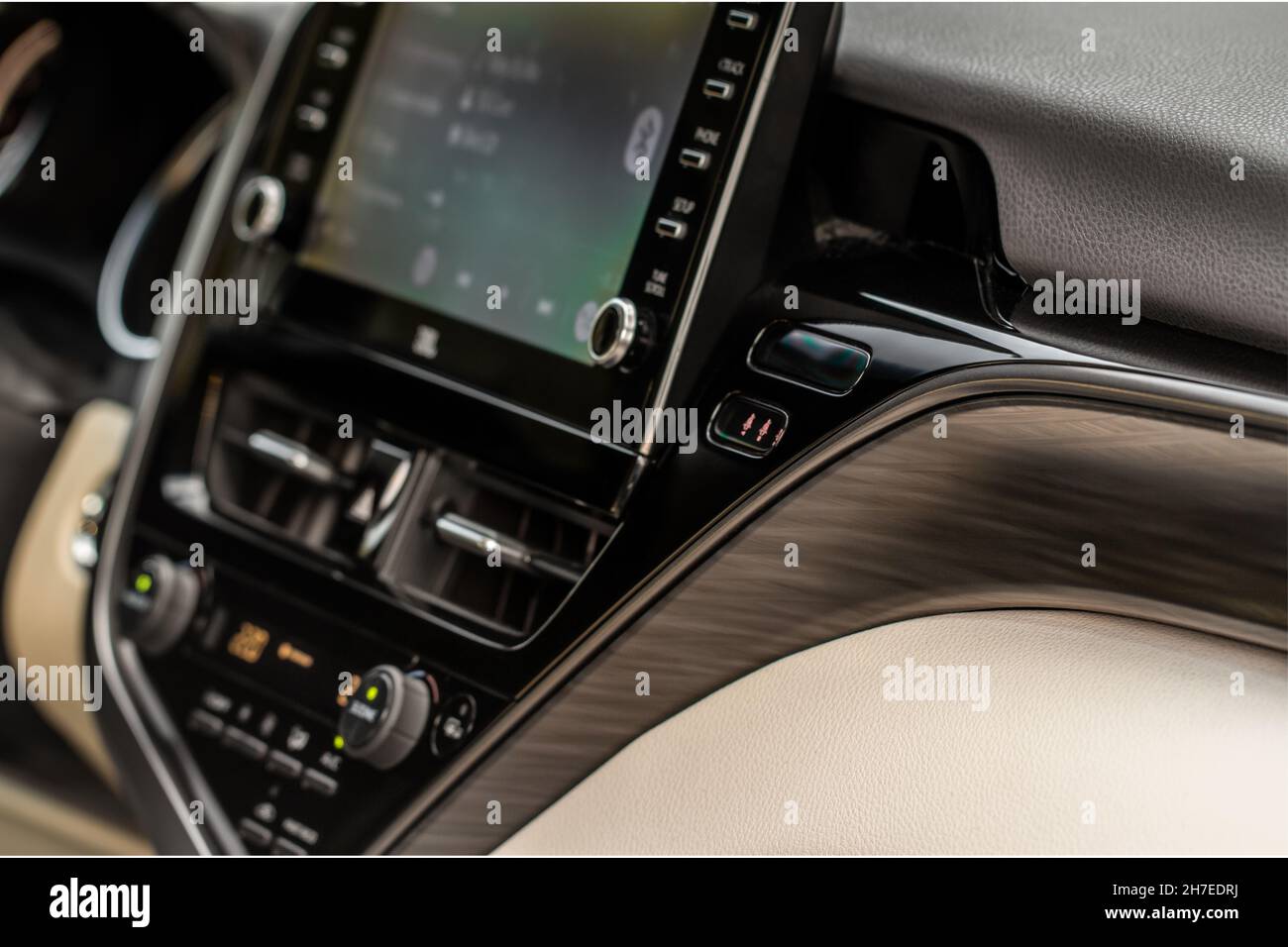 Modern car interior details. Car wooden panel. Interior of prestige ...
