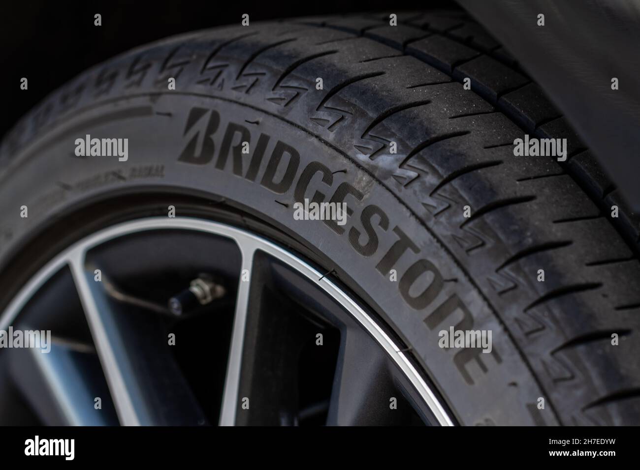 MOSCOW, RUSSIA - AUGUST 15, 2021 Bridgestone Turanza tire model logo on ...